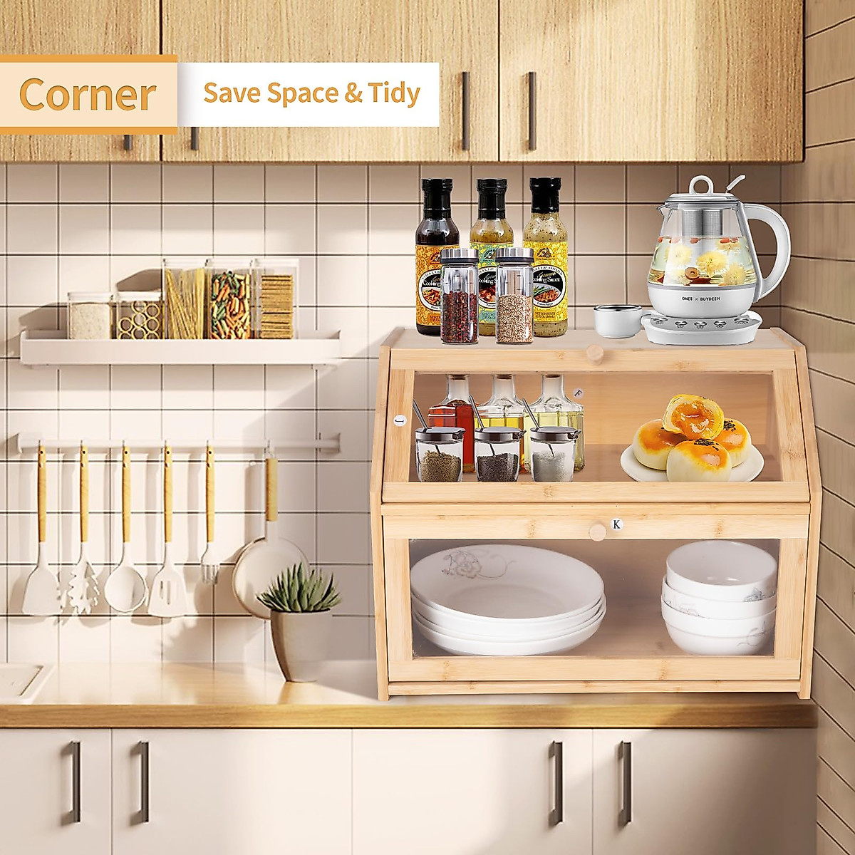 LEIMO KPARTS Bread Storage Farmhouse Bread Box For Kitchen Countertop,Double Layer Bamboo Wooden BreadBox Large Capacity Bin Bread Holder For Kitchen Counter Bread Container With Clear Window