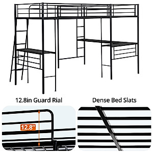INCLAKE Twin Size L-Shaped Loft Bed with 2 Built-in Desks, Metal Loft Corner Bed with 2 Ladders and Safety Guard Rail, Heavy-Duty Bunk Bed for 2 Children Adults, Space Saving & No Noise, Black