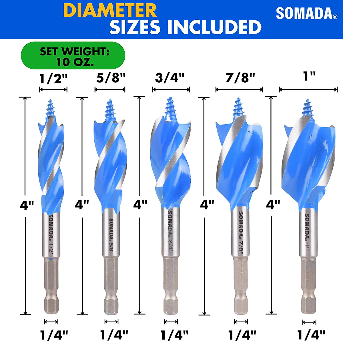 SOMADA Auger Drill Bit Set for Wood, 5-Piece, 1/2", 5/8", 3/4", 7/8" and 1" Inch Size, 4-Inch Long with Storage Case, Impact Wood Auger Set with Quick Change