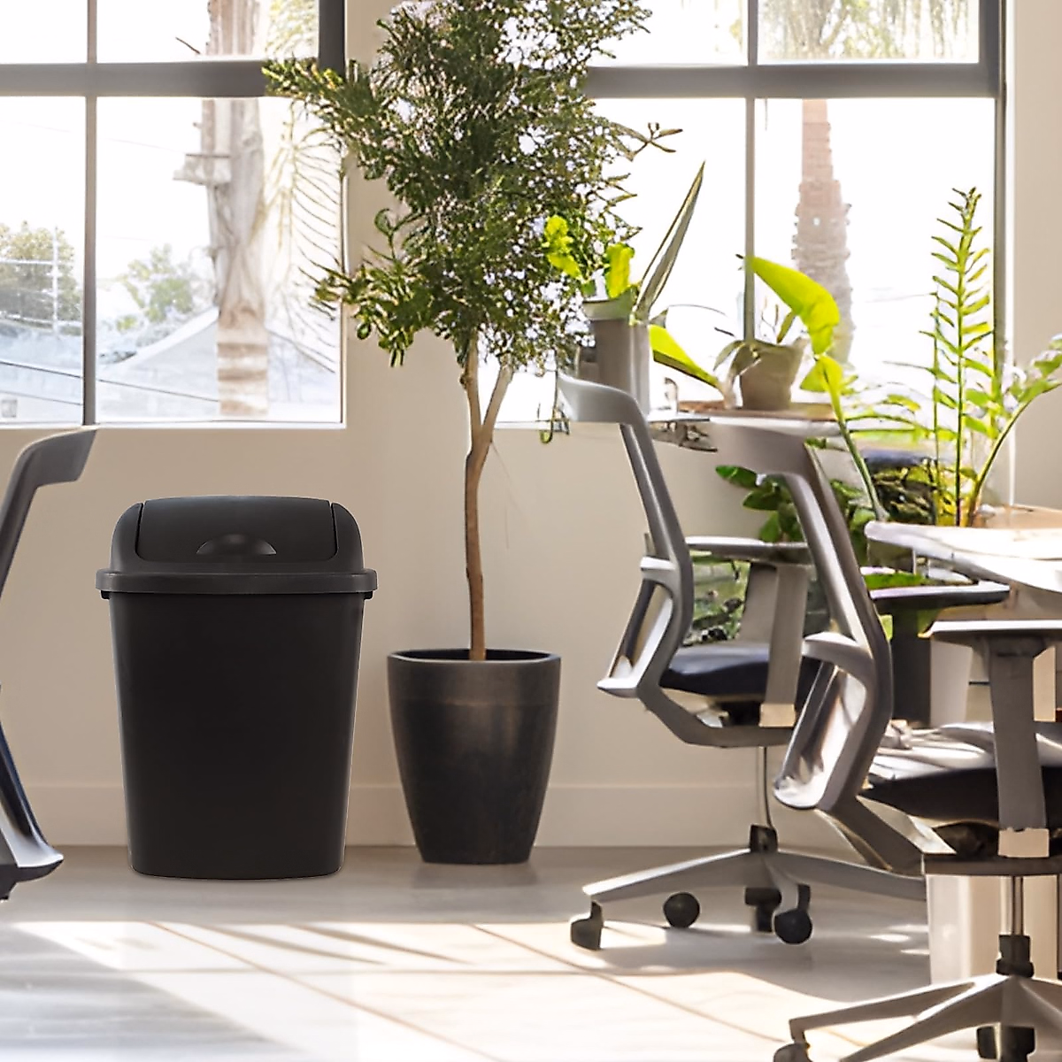 Qskely 6 Gallon Plastic Swing Top Trash Can for Kitchen, Set of 4 Small Garbage Can with Swing Top Lid, Black