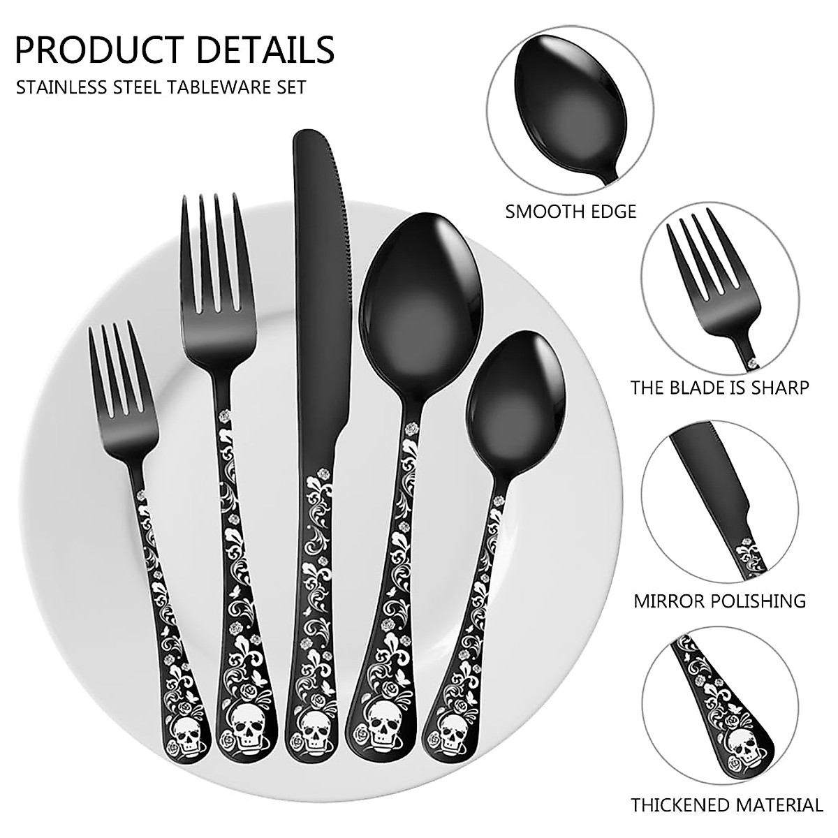 XIAOYU 20-Piece Bizarre Flatware Set, Gothic Skull Silverware Set for 4, Skeleton Flower Unique Pattern Design, Knives/Forks/Spoons Cutlery Set Halloween Event Tableware Utensils, Black