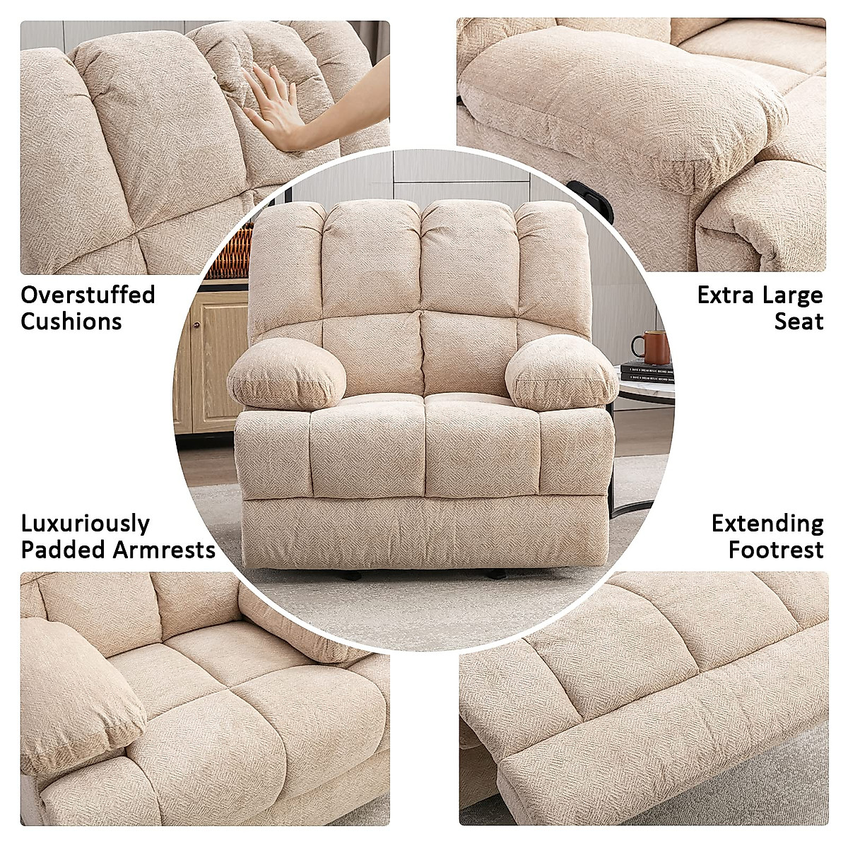 Dreamsir Oversized Rocker Recliner Chair, Manual Recliner Single Sofa Couch, Soft Fabric Overstuffed Rocking Chair for Living Room, Theater Seating for Big Man, Sandy