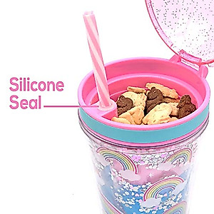 Snack and Drink Cup, Rainbow Theme, Kid's Combo All-in-One Tumbler for On-The-Go, Bonus Sheet of Fun Unicorn and Caticorn Stickers, Straw Included, Pink