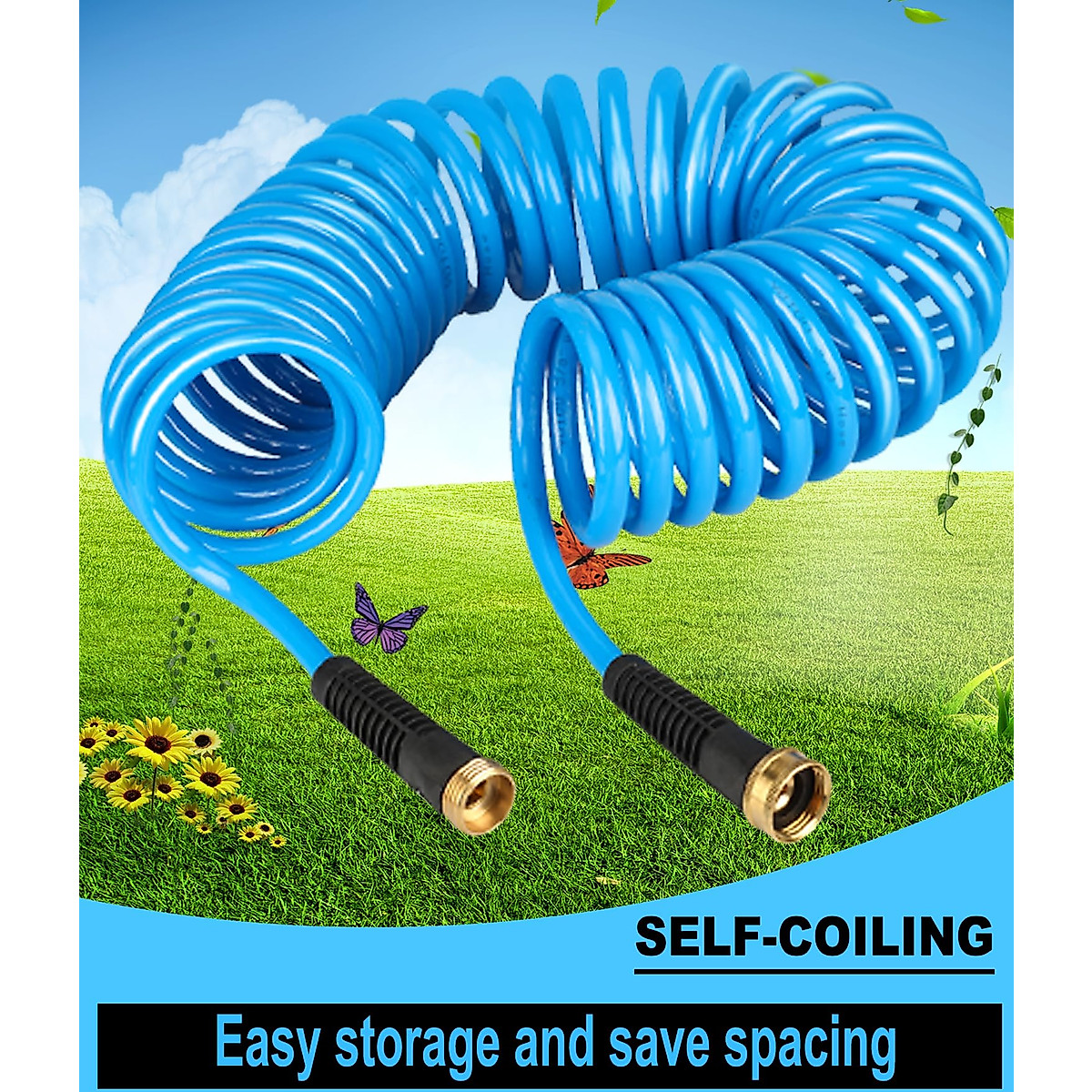 YOTOO Polyurethane Recoil Garden Hose 3/8 in. x 50 ft, Heavy Duty Garden Hose with Spray Nozzle, Bend Restrictor, G3/4" Swivel Solid Brass Fitting, Blue