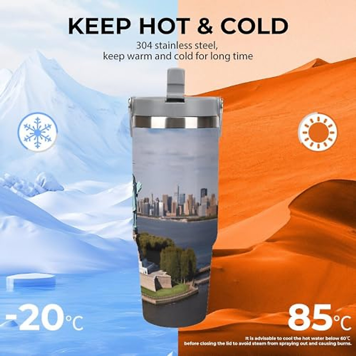 BWQJKUO Large Capacity Car Cup 30 Oz Stainless Steel Statue of Liberty in NYC Printed Travel Mug Leak-proof Flip Straw Tumbler with Handle,keeps Cold Or Ho