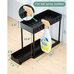 Gaclibl Under Sink Organizers and Storage, 2 Tier Under Cabinet Organizer with 4 Hooks Pull Out Under Sink Storage for Bathroom Kitchen Cabinet Counter Pantry, Black