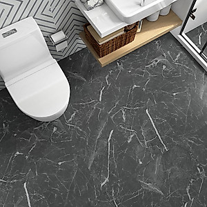 WESTICK Grey Black Marble Peel and Stick Floor Tile Vinyl Flooring Peel and Stick Bathroom Floor Tiles Waterproof Non-Slip Flooring Tile Sticker for Kitchen Bedroom RV 5 PCS 12" x 12"