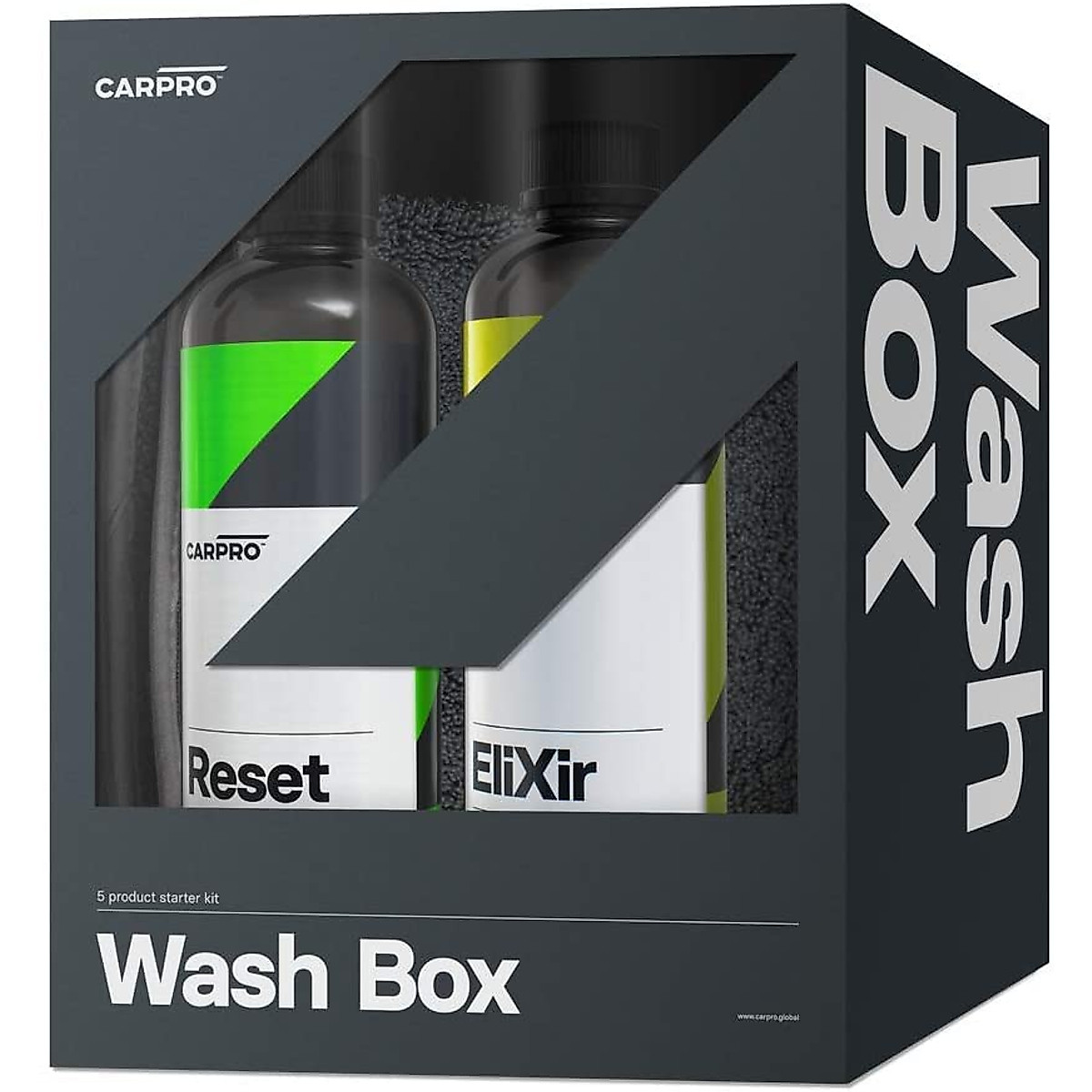 CARPRO Wash Box - 5 Products Including: Elixir, Reset, Microfiber Wash Mitt, DHydrate Drying Towel & 2 Face No Lint Towel - Everything to Wash Your Car All Season Long, 16 Treatments