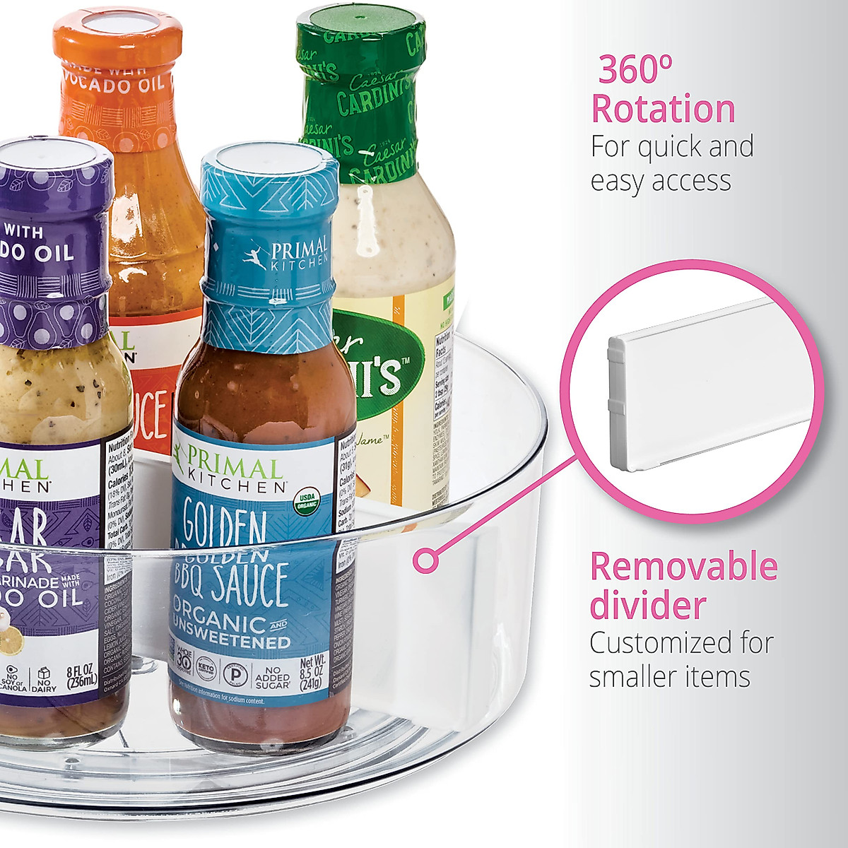 Rosanna Pansino x iDesign Recycled Plastic Divided Lazy Susan Turntable with Lid, Clear Bin/Marshmallow Divider, 10” D x 3.69” H