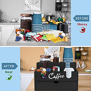 Disposable Coffee Cup Holder Dispenser with Drawer, 6 Compartments Coffee Bar Accessories Organizer for Cup Lid Sleeve Pods Syrup, Wood Coffee Station Organizer Paper Cup Dispenser