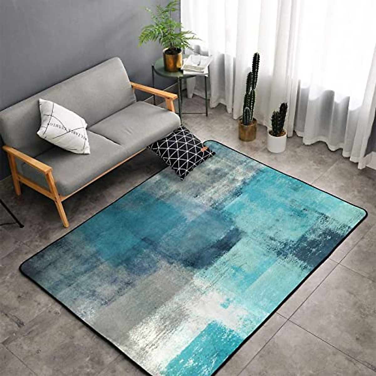 Soft Area Rug for Living Room,Turquoise and Grey Abstract Art Painting,Large Floor Carpets Doormat Non Slip Washable Indoor Area Rugs for Bedroom Kids Room 5 x 7Ft