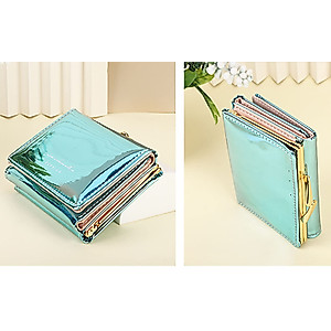 YaJaMa Bright Pearlescent Women Wallet Small Trifold PU Leather Short Credit Card Case Holder Organizer Coin Purse with ID Window (Blue)