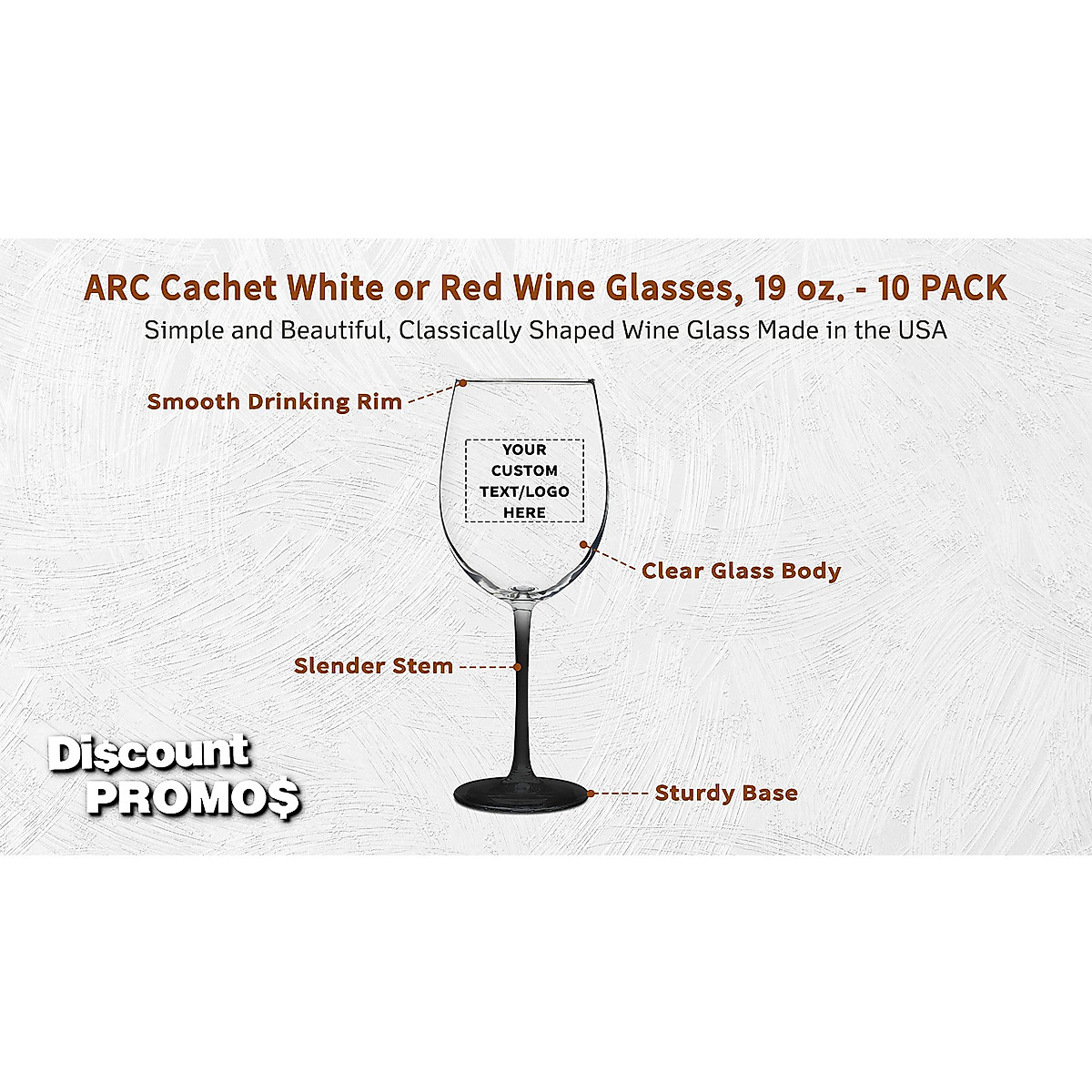 DISCOUNT PROMOS 10 ARC Cachet White Wine Glasses Set, 19 oz. - Customizable Text, Logo - Barware, Sturdy, Vibrant - Black