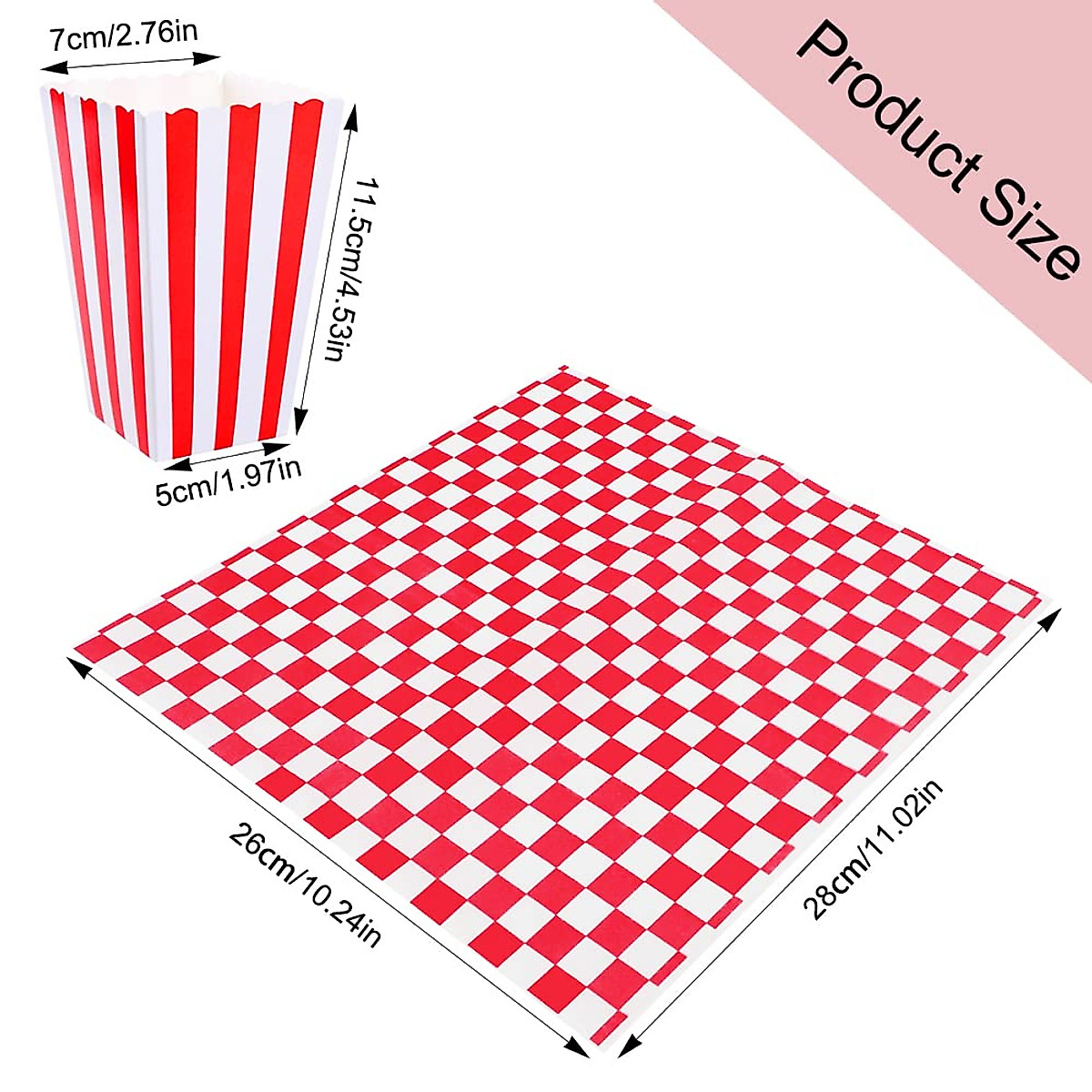 FHDUSRYO 100 Sheets Checkered Dry Waxed Deli Paper Sheets, Grease Resistant Checkered Basket Liner with 24 Popcorn Favor Boxes, Red and White Sandwich Paper Wraps for Party, Picnic (11x10.2inch)