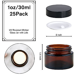 1oz Glass Jar with Lid, Hoa Kinh 30Pack Amber Round Containers Cosmetic Glass Jars with Inner Liners and Black Lids Travel Jars for Storing Lip and Body Scrub, Lotion, Body Butter, Bath Salts, Liquid