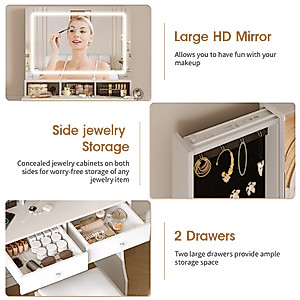 Fameill Vanity Desk with Mirror and Lights, White Makeup Vanity with 3 Color Lighting & 2 Large Drawers, Small Vanity with Charge Station and Stool, Vanity Set with Hidden Sliding Jewelry Cabinet