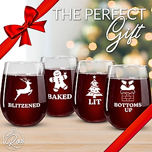 Funny Christmas Wine Glasses - “Baked, Lit, Bottoms Up, Blitzened” Printed Stemless Wine Glass Set of 4 - Wine Holiday Gifts for Her - Christmas Cocktail Glasses and Drinkware by On The Rox Drinks