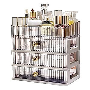 KchThass Acrylic Makeup Organizer with 3 Drawers,Cosmetic Display Cases for Vanity,Skincare Organizers Countertop,Desk Storage Holder for Perfume,Lotion,Lipstick,Brushe,Nail Polish(4-Layer,Clear)