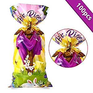 100 Pieces Plastic Easter Treat Bags, Inspiring He is Risen Sign Clear Cellophane Cookie Candy Goody Treat Bags with 100 Gold Twist Ties for Easter Theme Bible School Party Favor