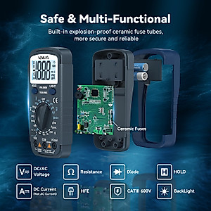 VENLAB Digital Multimeter DC AC Voltmeter, Ohm Meter, Fast Accurately Measures Voltage, Current, Resistance, Continuity, Diode, hFE, Tests Live Wire