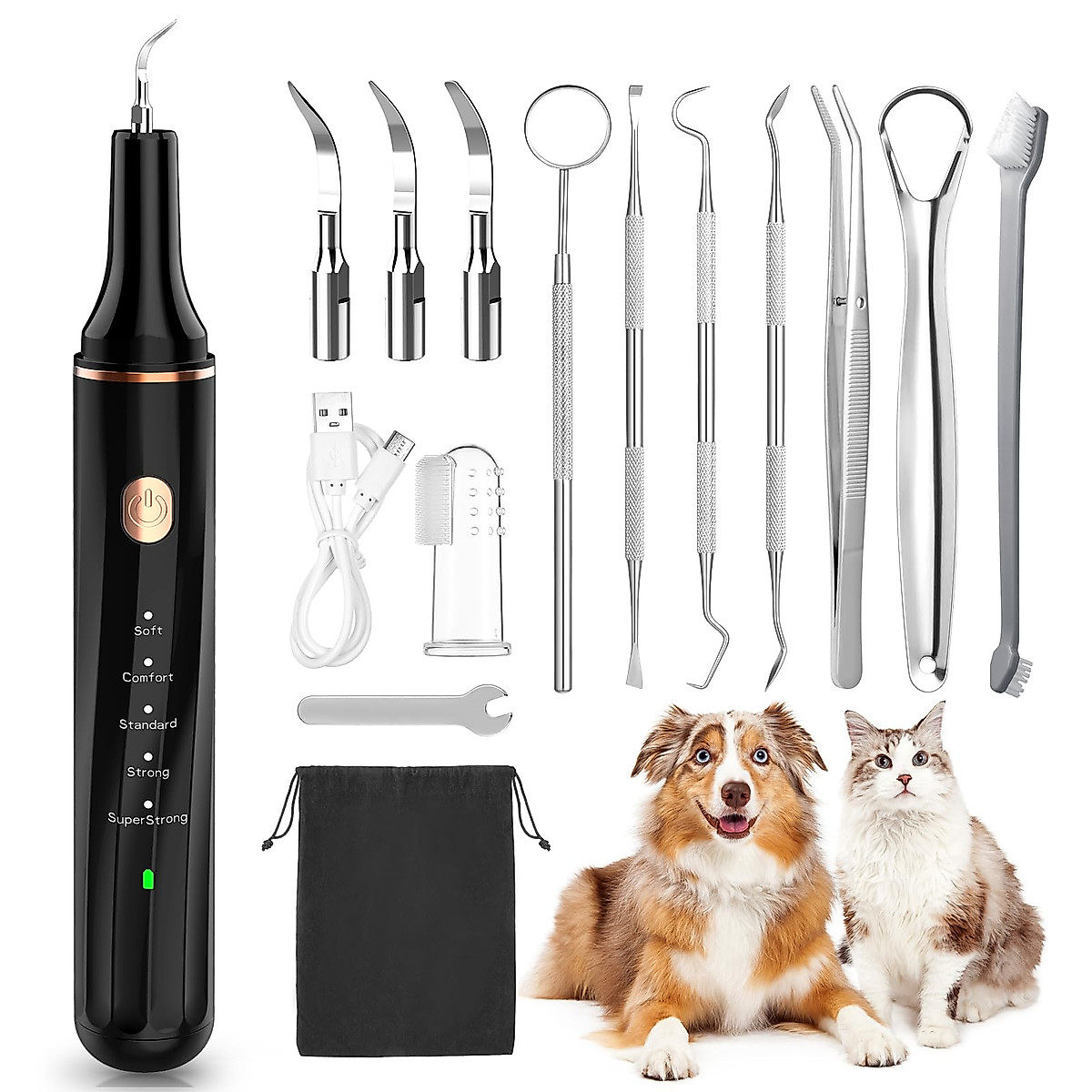 Petbank Dog Teeth Cleaning Kit 12-in-1, Pet Ultrasonic Canine Plaque Remover for Teeth with LED Light, 5 Cleaning Mode, USB Charge Dog Toothbrush Tool with Dental Tools Scaler Scraper
