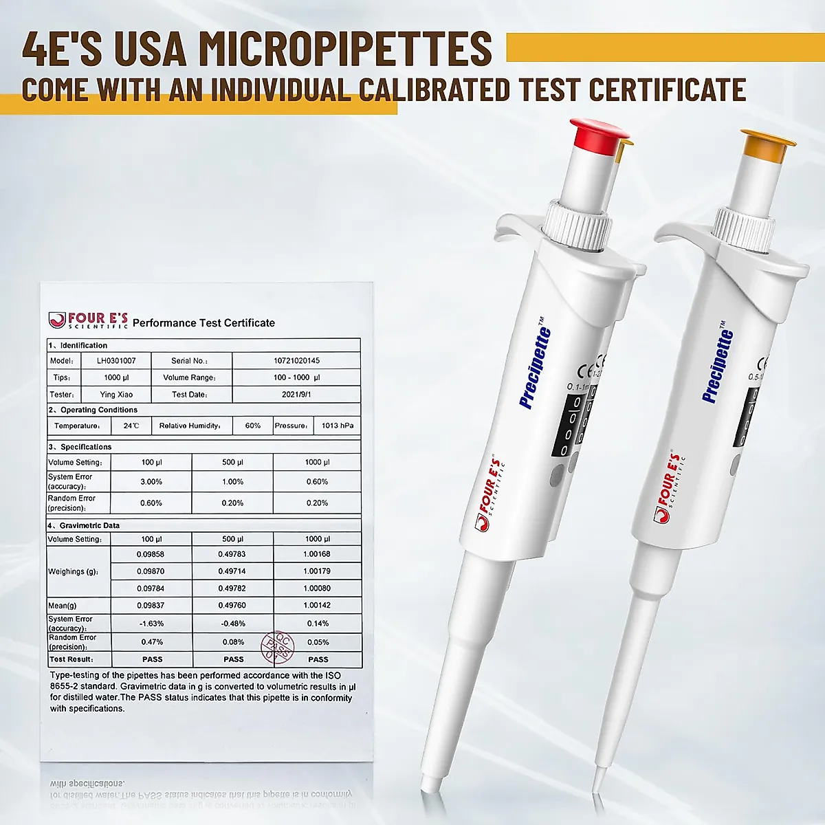 4E's USA Pipette - 100-1000μl Micropipette, Adjustable Volume Pipette with Autoclavable Lower Portion, Universal Tip Cone Single Channel Pipettes, Laboratory ISO 8655 Calibrated Pipettor