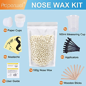 Nose Wax Kit, Auperwel Nose Ear Hair Instant Removal Kits 15-20 Times Usage, Nostril Waxing Kit for Men Women, Safe Easy Quick, 100g Wax, 20 Black Stcik Applicator, 15 Mustache Guards, 10pcs Paper Cup