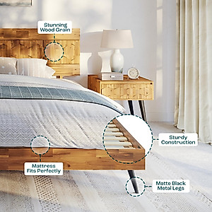 Bme Georgina Signature Bed Frame with Handcrafted Geometric Headboard, Mid Century Modern, Solid Acacia Wood, No Box Spring Needed, 12 Strong Wood Slats Support, Easy Assembly, Teak Brown, Queen