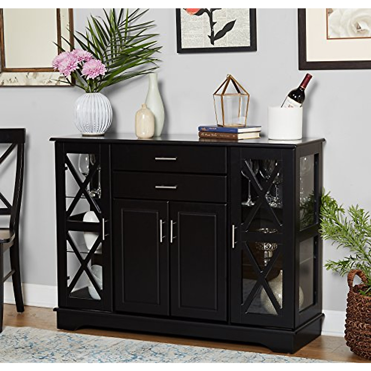 Target Marketing Systems Kendall Dining Buffet Cabinet with Storage, Modern 2-Drawer Kitchen Sideboard Doors, and 2 Adjustable Glass Shelves, 47.25" Inch, Black