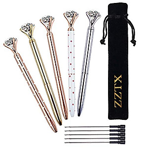 ZZTX 5 PCS Big Crystal Diamond Ballpoint Pen Bling Metal Ballpoint Pen Office Supplies, Rose Gold/Silver/Gold/White With Rose Polka Dots/Rose Gold With White Polka Dots, Includes 5 Black Velvet Bags