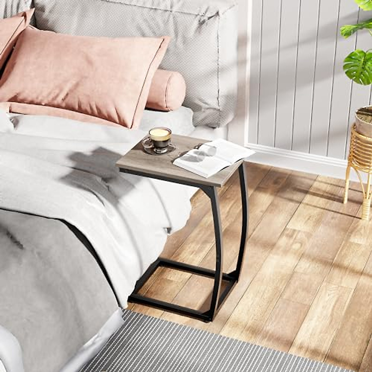LAKEMID C Shaped End Table Set of 2, Side Table for Couch, Small Sofa Table with Metal Frame, Couch Table for Small Spaces, TV Tray Table for Living Room Bedroom (Grey)
