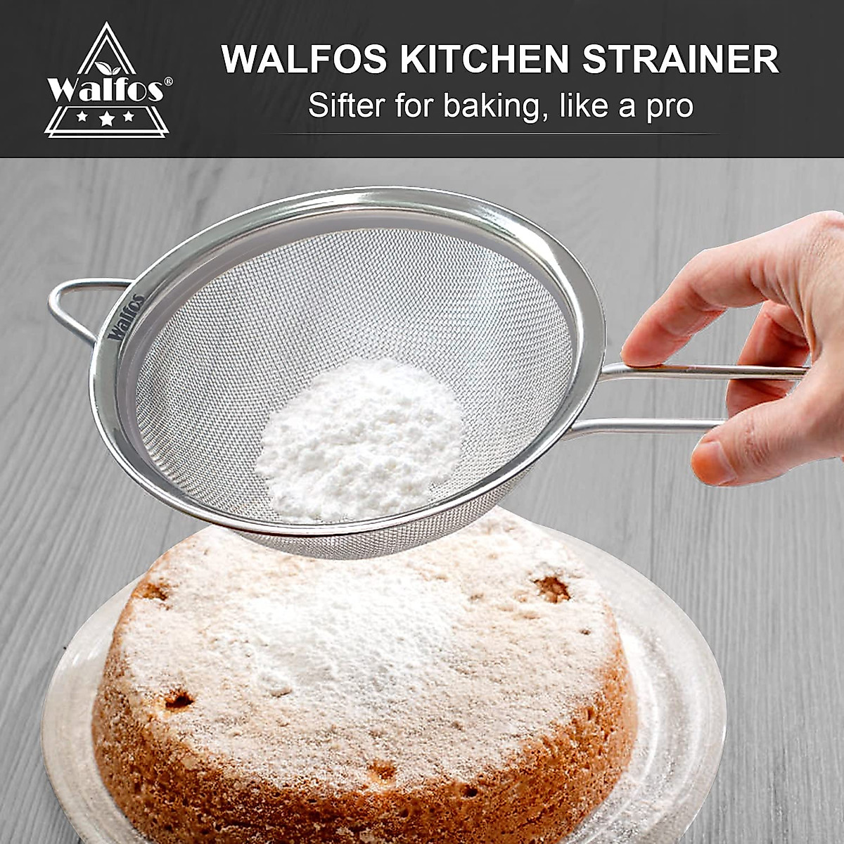 Walfos Fine Mesh Strainer 4PCS, Versatile Kitchen Strainer with Handle - 7", 5", 3.3", 2.8" Sieve Fine Mesh Stainless Steel, Metal Strainers and Sifters for Rice, Quinoa, Tea, Cocktail, Pasta, Juice