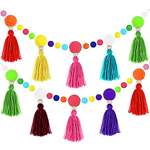 Rainbow Pom Pom Tassel Garland Banner Spring Colorful Pompom Wall Hanging Boho Tassel Garland Decor for Classroom Home Nursery Baby Shower Party Supplies(2 Pcs)