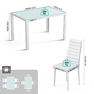Gizoon 5 Piece Glass Dining Table Set, Kitchen Table and Chairs for 4, PU Leather Modern Dining Room Sets for Home, Kitchen, Dining Room (White)