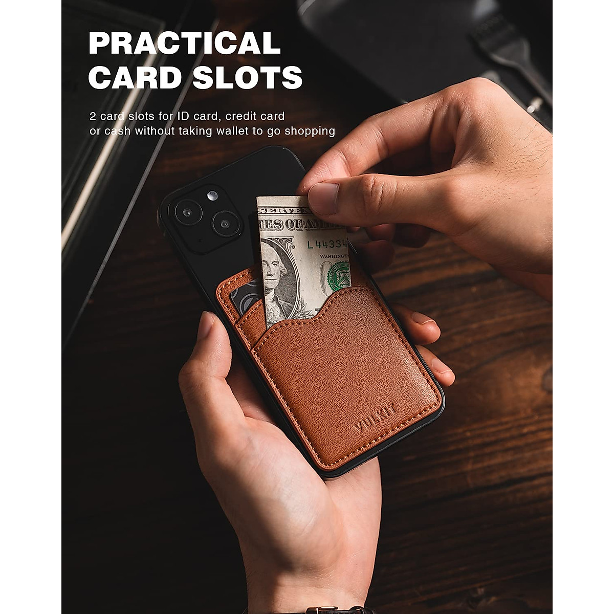 VULKIT Phone Card Holder Slim Leather Adhesive Pocket RFID Blocking Credit Card Sleeves Sticker for Back of Smartphone(Brown)