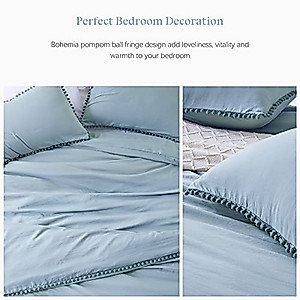 Newspin Duvet Cover King Size Pom Pom Fringe Blue,3Pcs Soft Breathable 100% Washed Microfiber Boho Bedding Duvet Cover Set with Zipper Closure,1 Duvet Cover(104"X90") and 2 Pillow Shams(No Comforter)