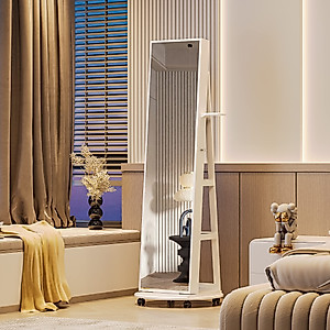 HNEBC 360° Swivel Jewelry Armoire with Mirror, LED Mirror Jewelry Cabinet Standing, Full Length Mirror with Jewelry Storage, Standing Jewelry Organizer/Lockable Wheels/Foldable Makeup Shelf (White)