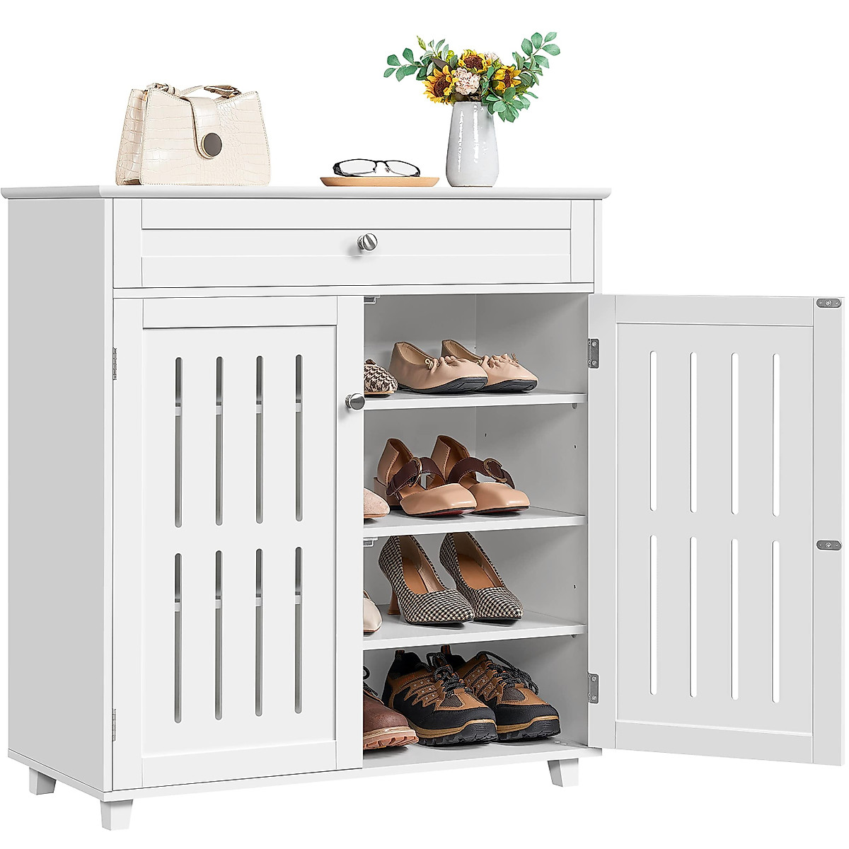 Topeakmart Wood Shoe Cabinet, Shoe Rack with 1 Big Drawer & 4 Storage Shelves, Shoe Storage Cabinet with 2 Louvered Door, for Entryway Living Room, White