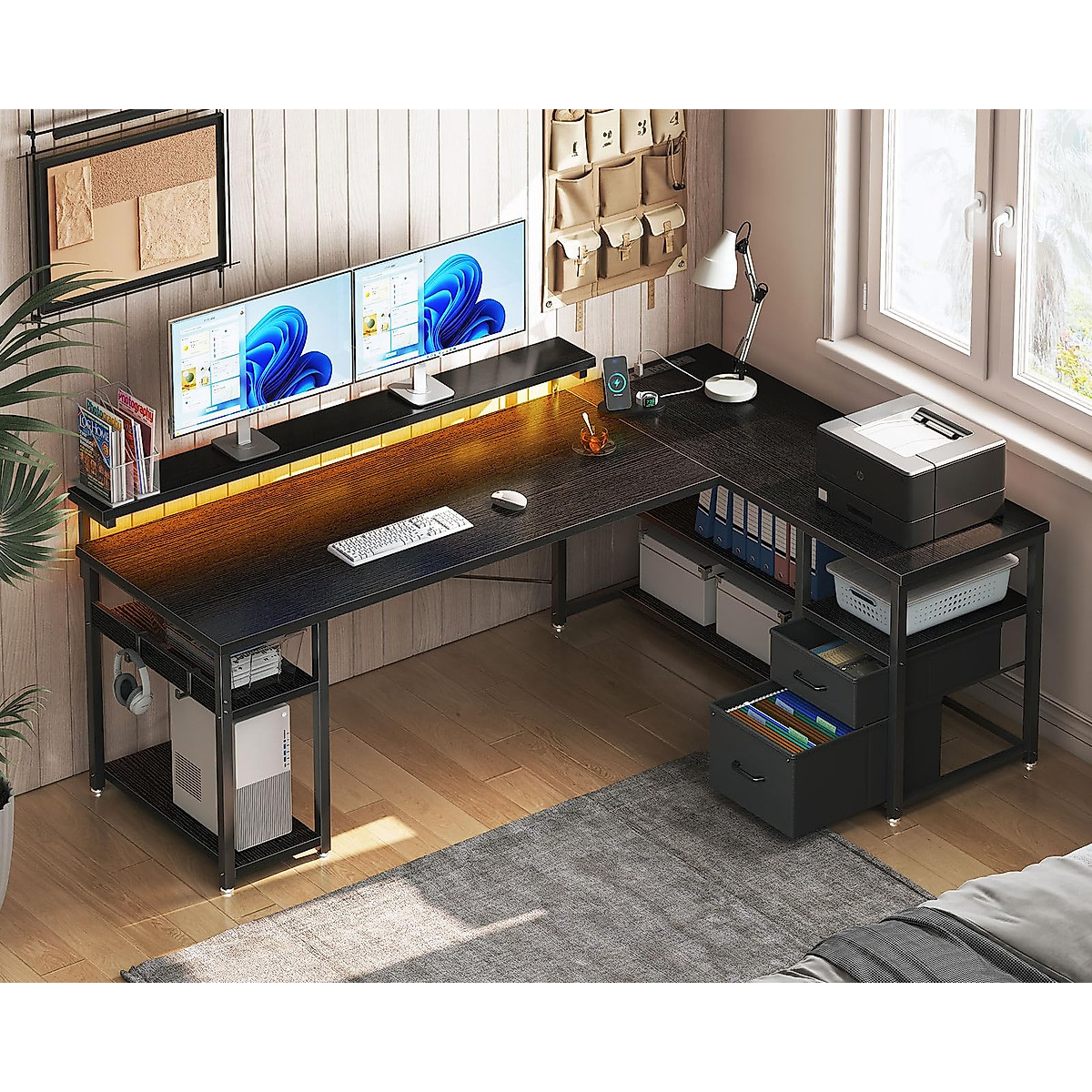 ODK L Shaped Gaming Desk with File Drawers, Reversible Computer Desk with Power Outlets & LED Lights, Home Office Desk with Storage Shelves, 61 Inch Bedroom Corner Desk with Monitor Stand, Black