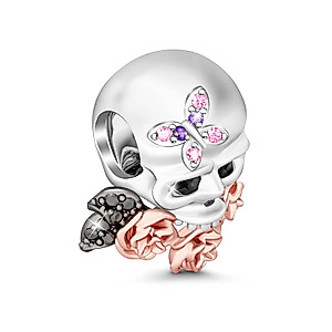 GNOCE Women's Sugar Skull Charm 925 Silver with Butterfly and Rose Gold Flowers Bracelets Charm for Women fit Bracelets Necklaces (Blooming)