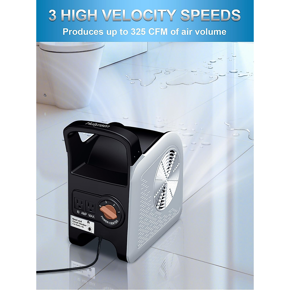 Huilynsen Air Mover Blower Fan - Floor Drying Fan for Cooling, Drying and Exhausting at Home, Garage, Shop, 3 Speeds Portable Utility Fan, 2 AC Outlets and Circuit Breaker with Reset