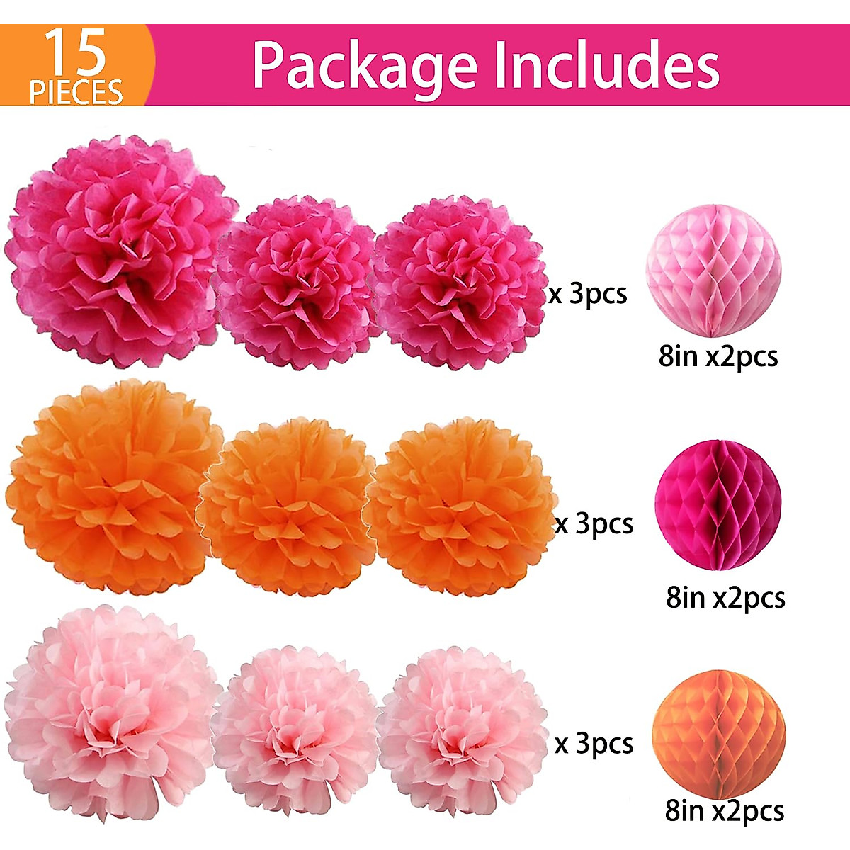 15PCS Hot Pink Orange Party Decorations Tissue Paper Flowers Pom Poms Honeycomb for Girl Groovy Birthday Baby Shower Wedding Bachelorette Summer Flamingo Party Nursery Wall Hanging Décor