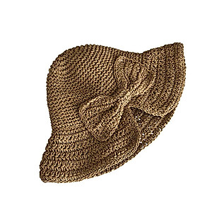 Womens Summer Sun Beach Straw Hat UPF50 Travel Foldable Wide Brim Summer UV Hat with Big Bow (Coffee)