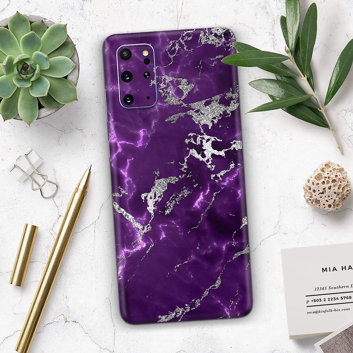 DesignSkinz Purple Marble & Digital Silver Foil V2 Protective Vinyl Decal Wrap Skin Cover Compatible with The Samsung Galaxy S20 (Screen Trim & Back Glass Skin)