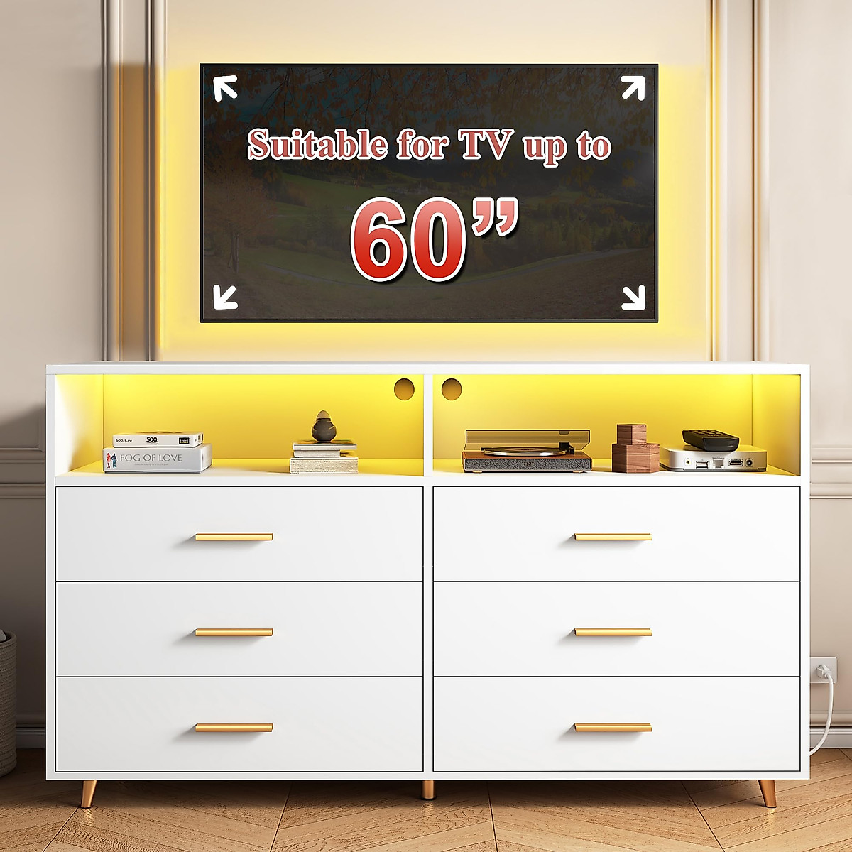 EnHomee Dresser for Bedroom, White Dresser with LED, Chests of Drawers, 6 Drawers & 2 Shelves for Bedroom, Wood Chests of Drawers, Large Space Saver Furniture