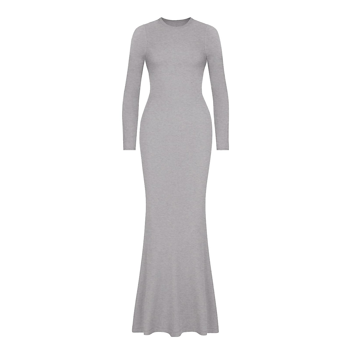 REORIA Women's Sexy Casual Crew Neck Lounge Slimming Long Dress Elegant Wedding Guest Long Sleeve Ribbed Bodycon Maxi Dresses Light Grey Small