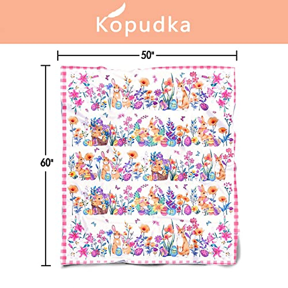 kopudka Easter Throw Blanket Decorations Egg Spring Blankets Rabbit Decor Flannel with Bunny Lilies Wicker Basket Wildflower Throws 50x60 inch
