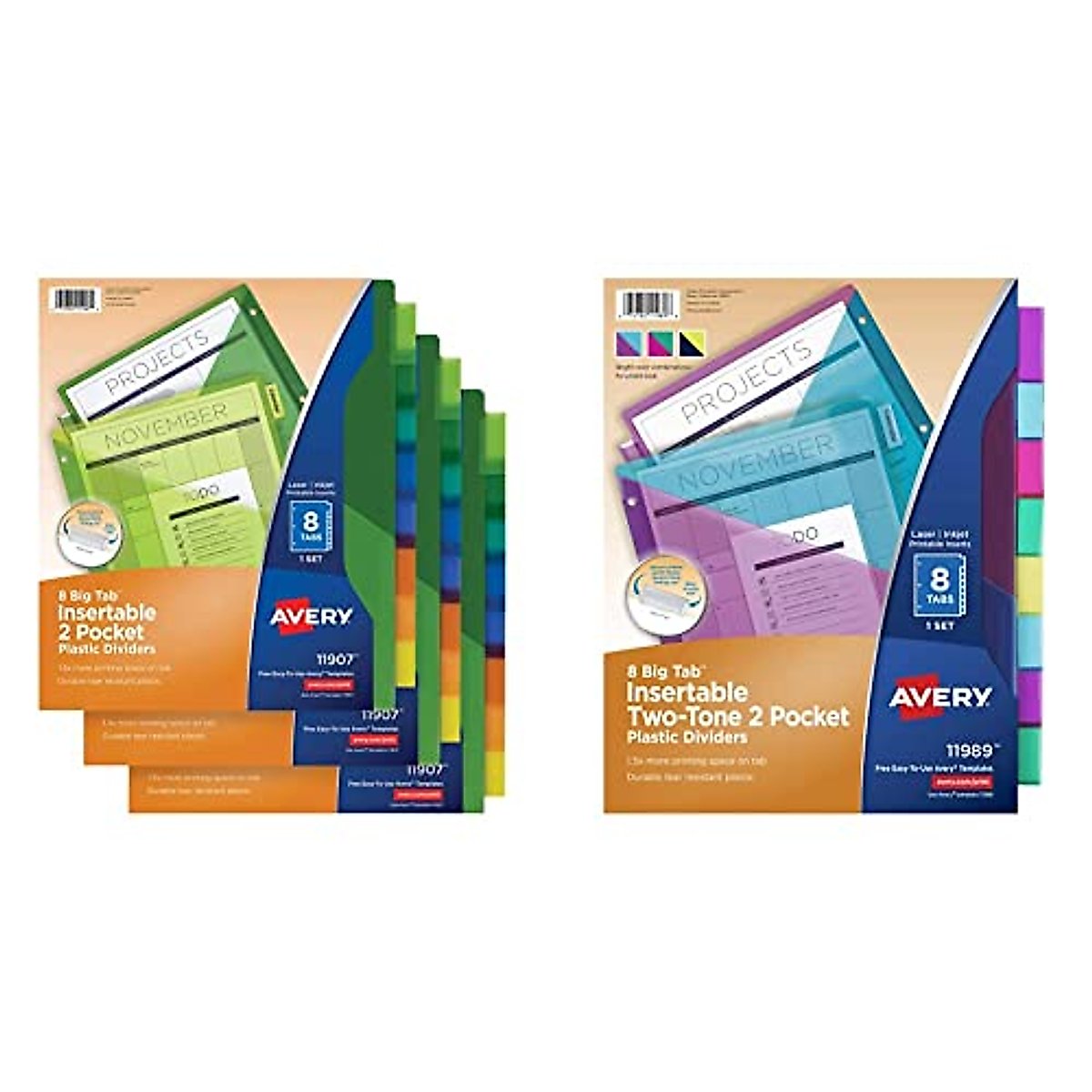 Avery Dividers for 3 Ring Binders, 8-Tab Binder Dividers, Multicolor, 3 Sets (71907) & Plastic 8-Tab Two-Tone Binder Dividers with Two Pockets, Insertable Bright Color Big Tabs, 1 Set (11989)