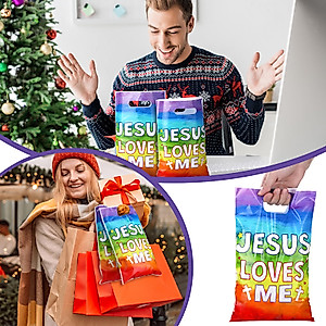 Hosuly 50 Pieces JESUS LOVES ME Gift Bags Plastic Goody Bags with Handles Religious Treat Bags Christian Cross Candy Gift Bag for VBS Church Party Supplies Party Favor Decoration