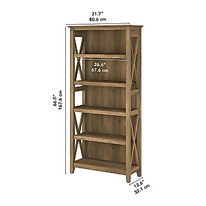Bush Furniture Key West Tall 5 Shelf Bookcase in Reclaimed Pine | Large Book Shelf, Large Bookshelf for Living Room or Office